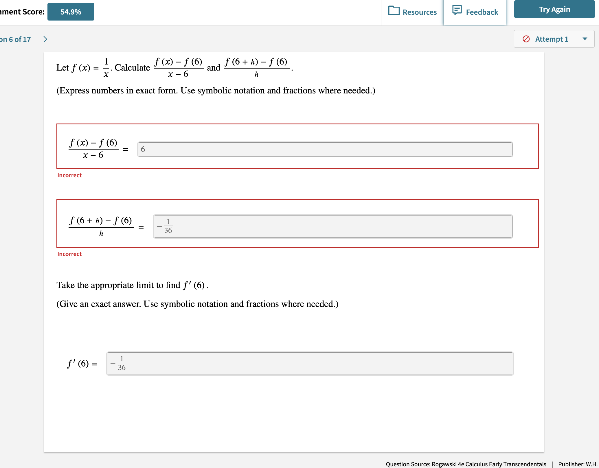 Solved Let f(x)=1x. ﻿Calculate f(x)-f(6)x-6 ﻿and | Chegg.com