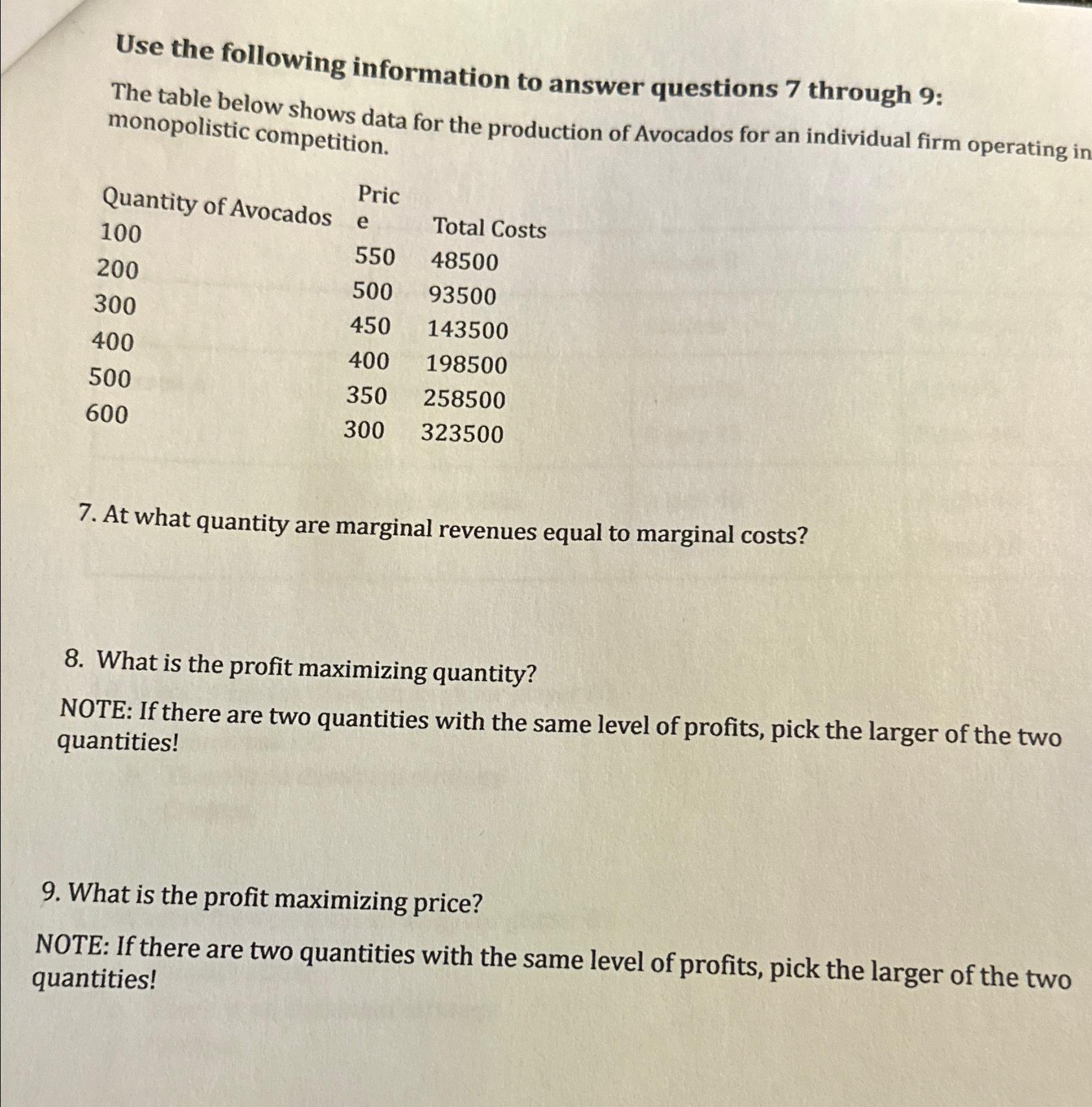 Solved Use the following information to answer questions 7 | Chegg.com