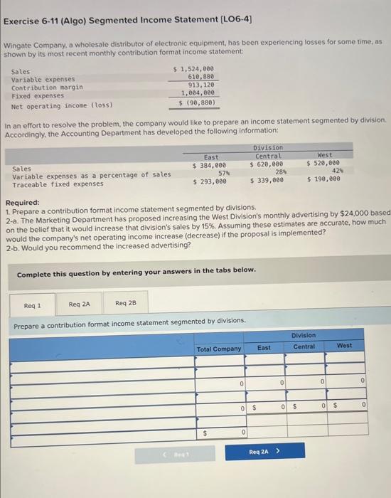 Solved Exercise 6-11 (Algo) Segmented Income Statement | Chegg.com