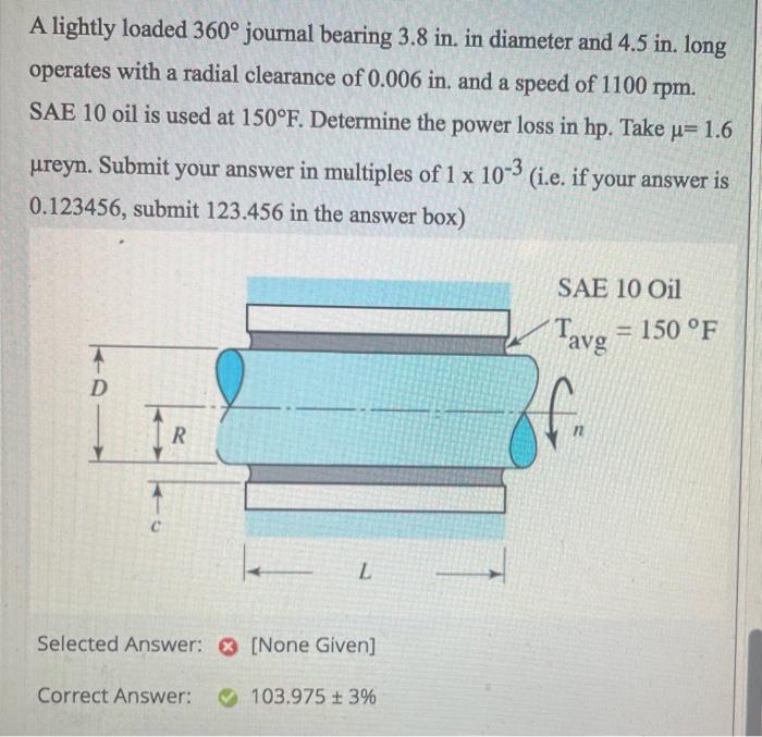 Solved A lightly loaded 360∘ journal bearing 3.8in. in | Chegg.com