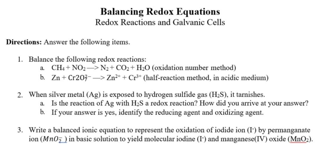 Solved Balancing Redox Equations Redox Reactions and | Chegg.com