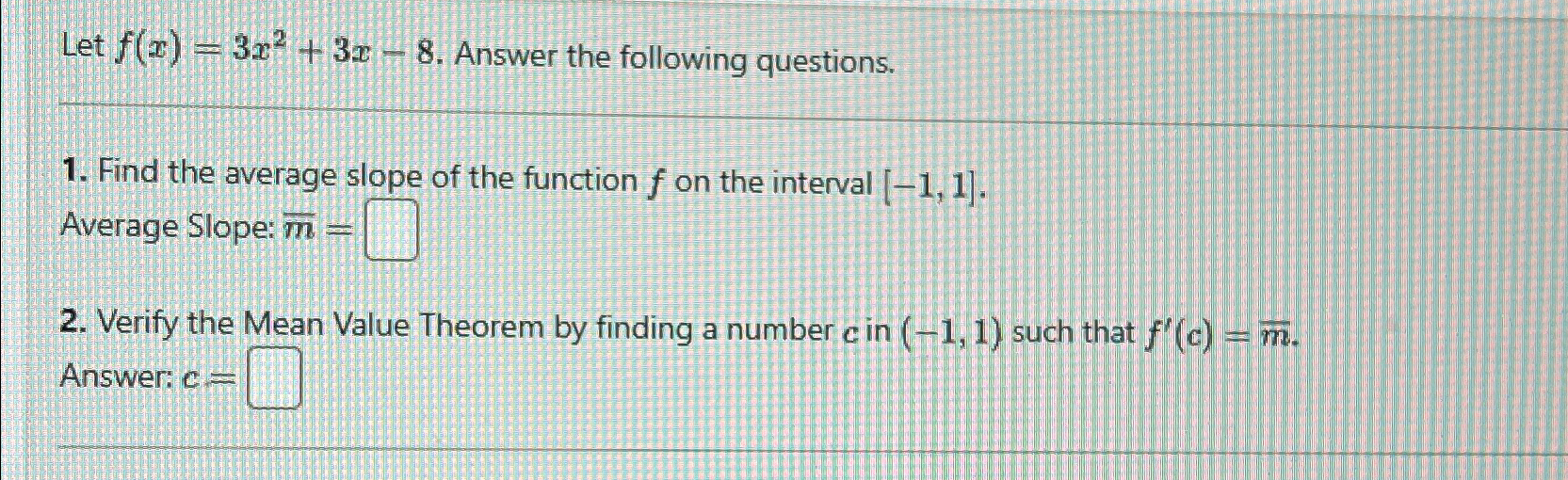 Solved Let f(x)=3x2+3x-8. ﻿Answer the following | Chegg.com