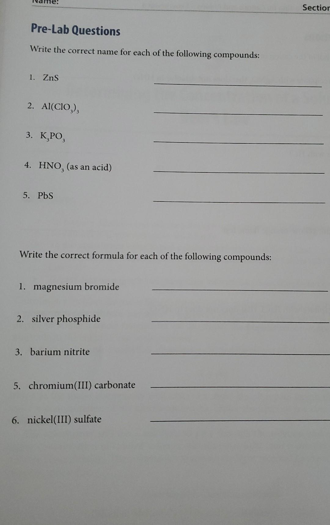 Solved Pre-Lab Questions Write the correct name for each of | Chegg.com