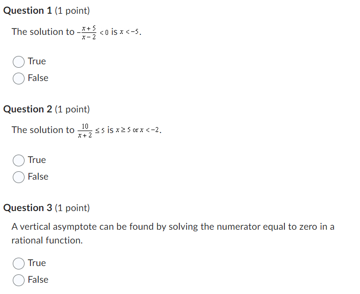 Solved Question 2 (1 ﻿point)The solution to 10x+2≤5 ﻿is x≥5 | Chegg.com