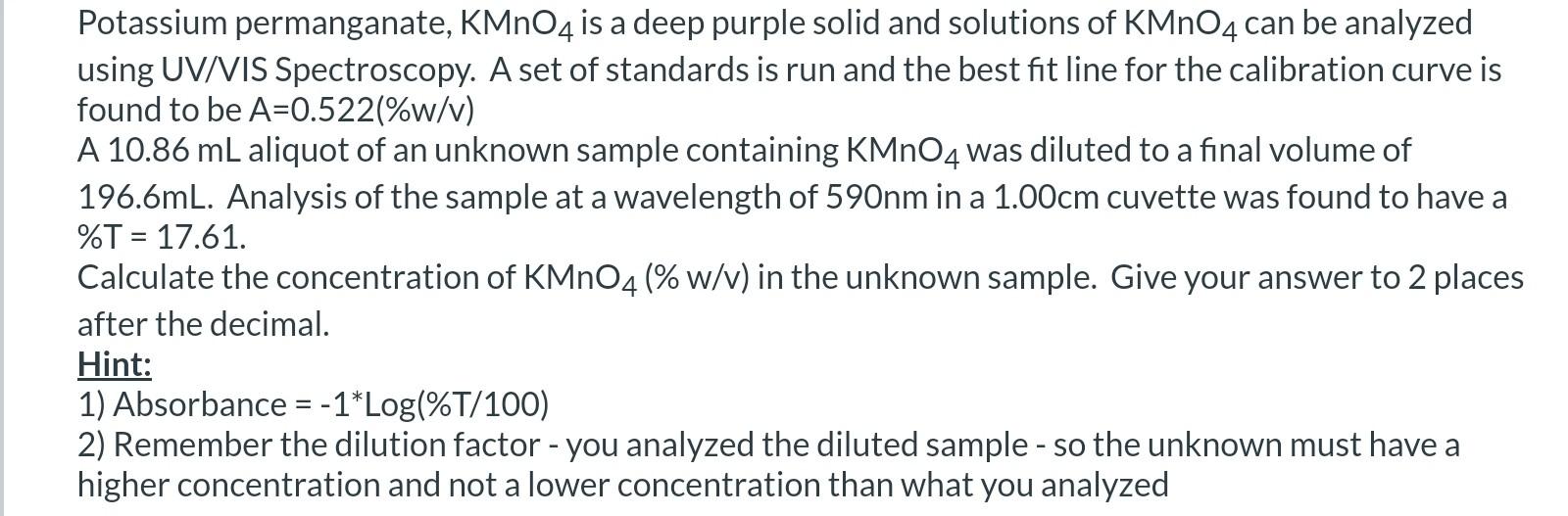 Solved Potassium permanganate, KMnO4 is a deep purple solid | Chegg.com