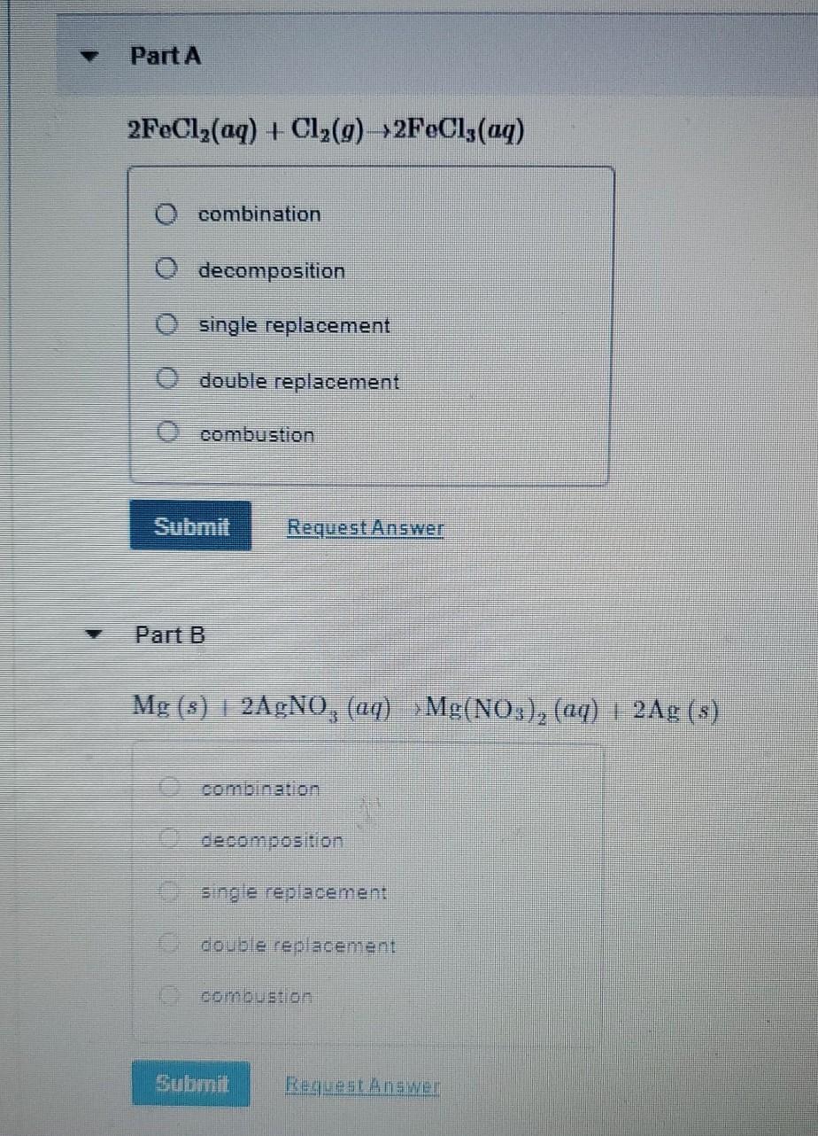 Solved Part A 2FeCl3(aq) + Cl2(9) - 2FeCl3(aq) combination O | Chegg.com