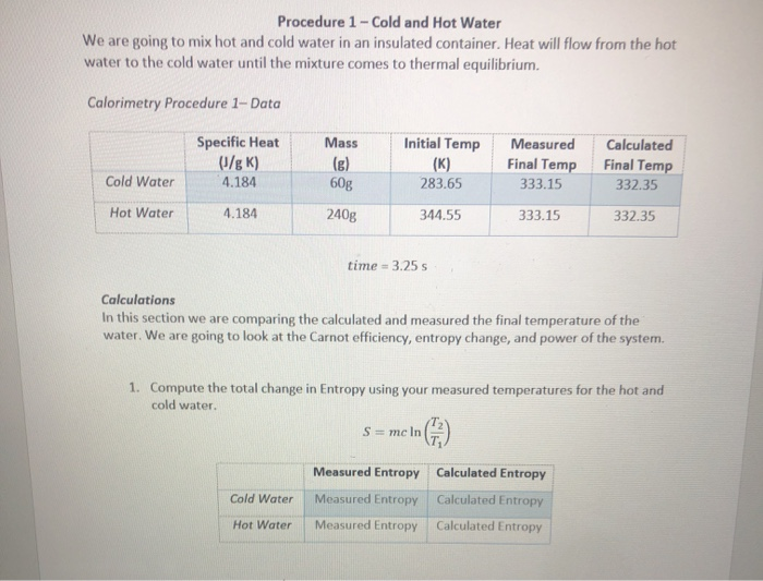 Procedure 1- Cold and Hot Water We are going to mix | Chegg.com