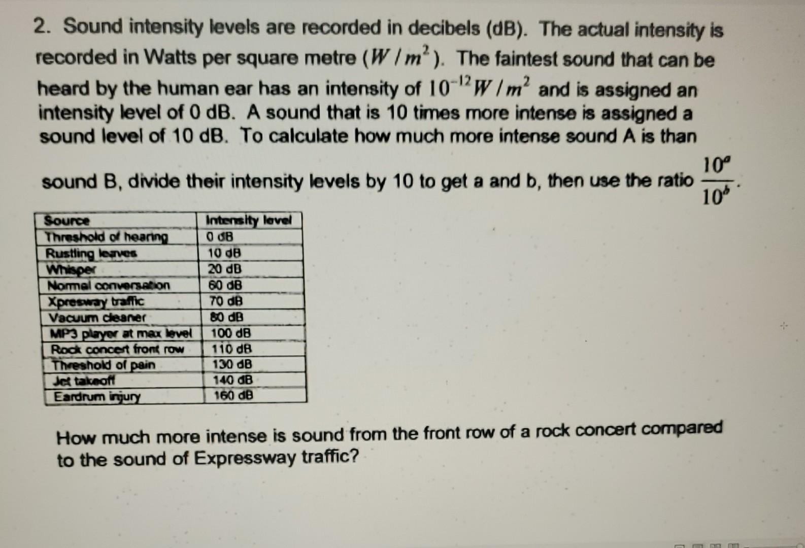 Solved 2. Sound intensity levels are recorded in decibels | Chegg.com