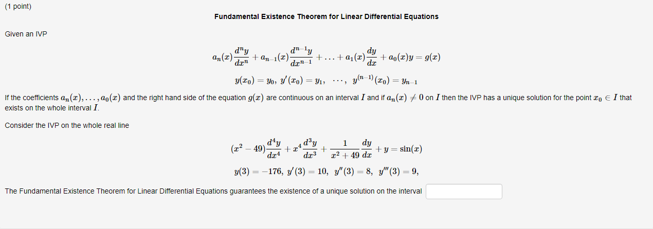 Solved (1 ﻿point)Fundamental Existence Theorem for Linear | Chegg.com