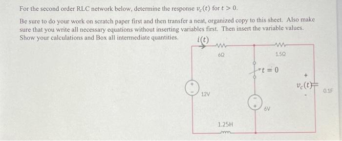 Solved For the second order RLC network below, determine the | Chegg.com