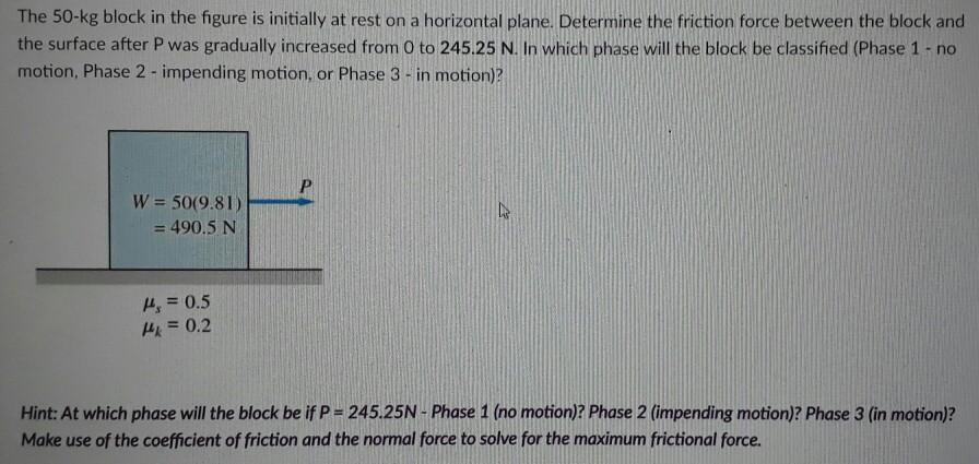 Solved The 50-kg block in the figure is initially at rest on | Chegg.com