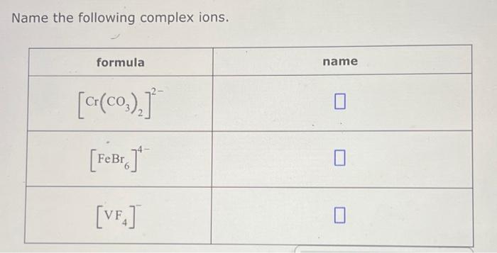 Solved Name the following complex ions. | Chegg.com