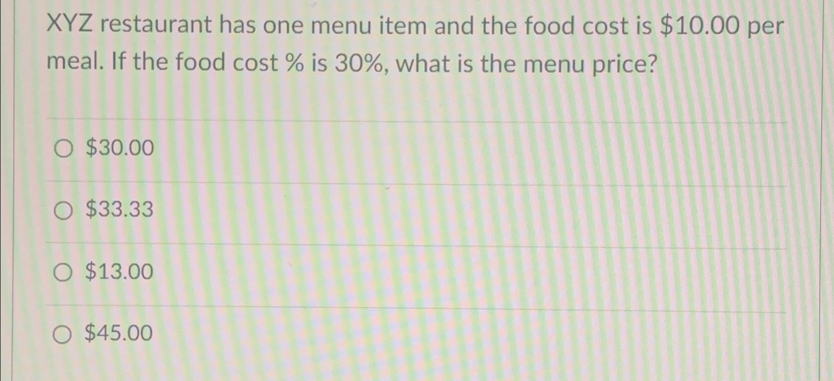 Solved xYZ ﻿restaurant has one menu item and the food cost | Chegg.com
