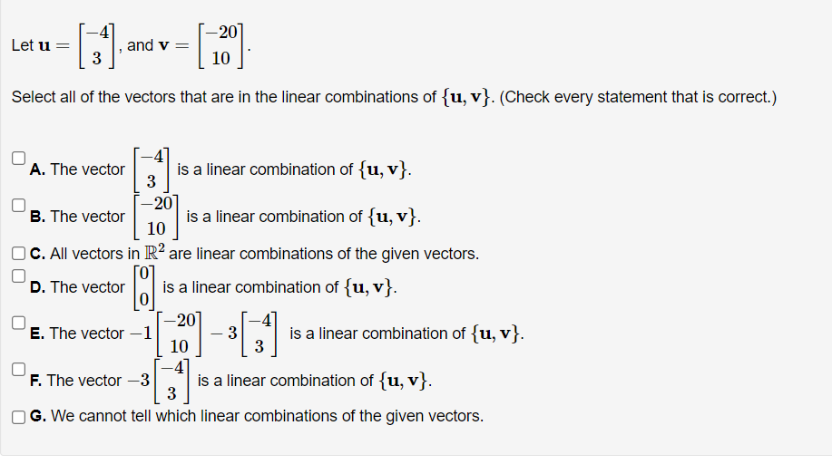 Solved Let u=[-43], ﻿and v=[-2010]Select all of the vectors | Chegg.com