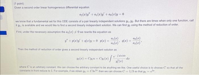 Solved 1 Point Given A Second Order Linear Homogeneous