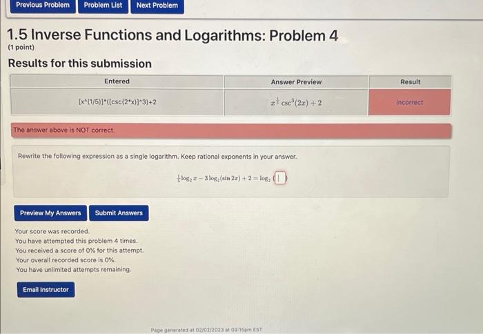 Solved 1.5 Inverse Functions and Logarithms: Problem 4 (1 | Chegg.com