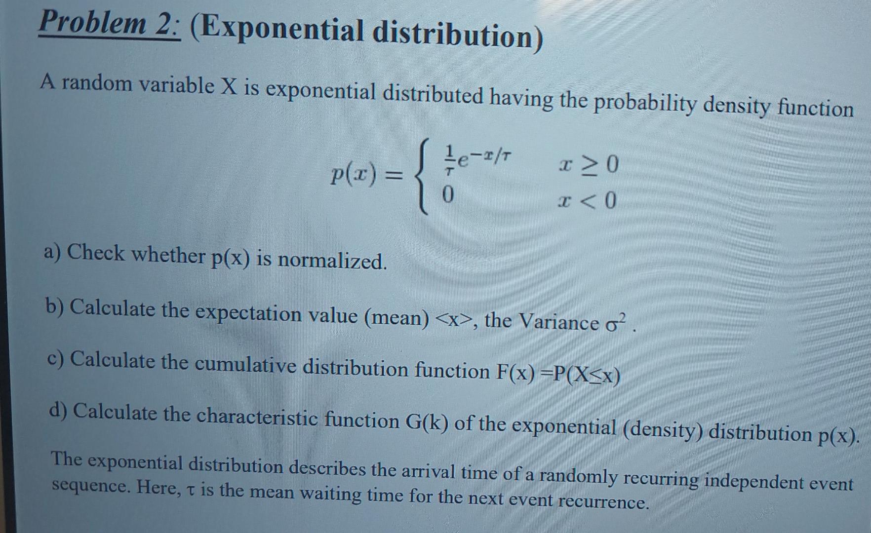 Solved Problem 2: (Exponential distribution) A random | Chegg.com