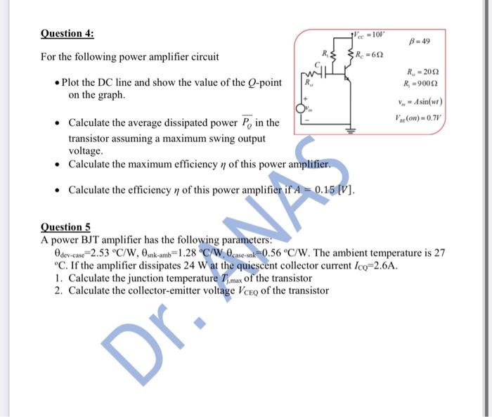 Solved For the following power amplifier circuit - Plot the | Chegg.com
