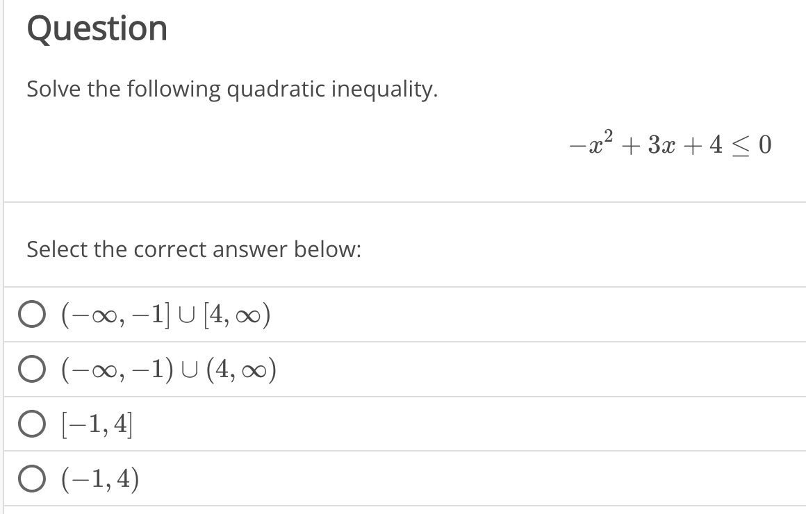 Solved QuestionSolve the following quadratic | Chegg.com