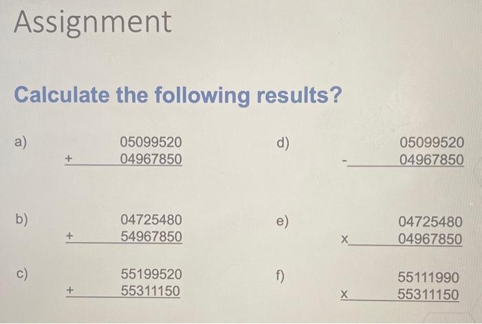 Solved Assignment Calculate the following results? | Chegg.com