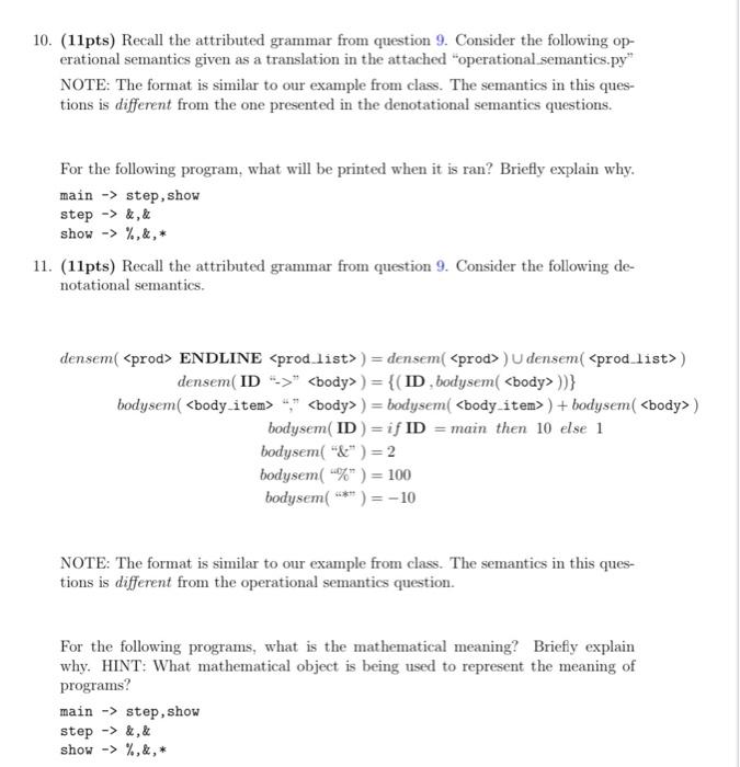 Solved 10 11pts Recall The Attributed Grammar From