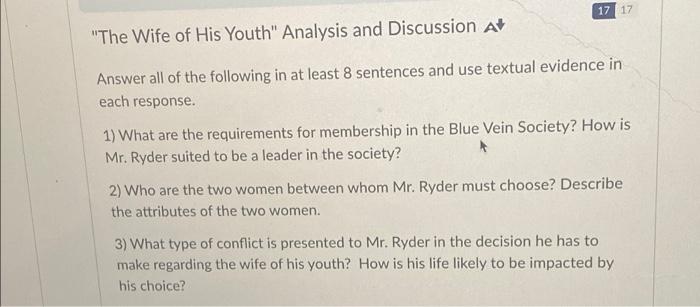 Solved 17 17 "The Wife of His Youth" Analysis and Discussion | Chegg.com