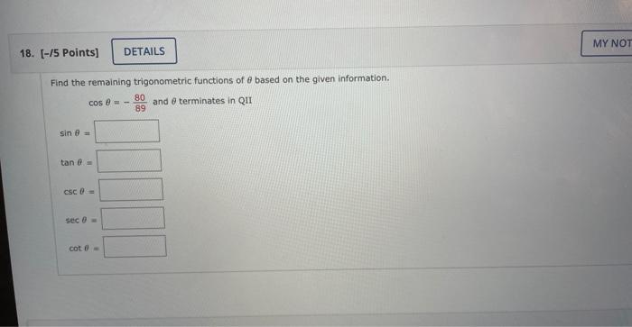 Solved Find the remaining trigonometric functions of θ based | Chegg.com