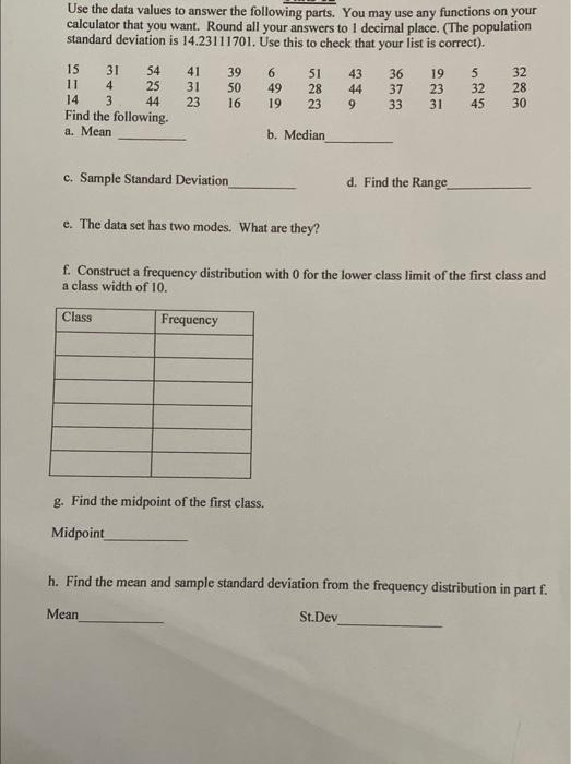 Solved Use the data values to answer the following parts. | Chegg.com