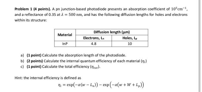 Solved Problem 1 (4 points). A pn junction-based photodiode | Chegg.com