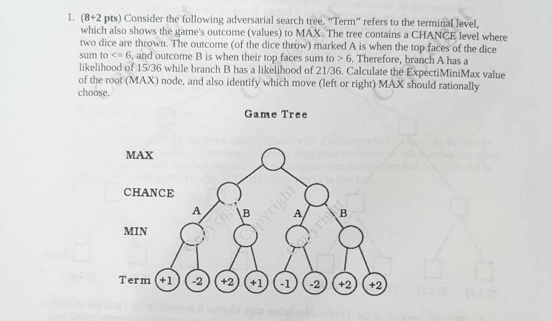 Solved 1. (8+2 pts ) Consider the following adversarial | Chegg.com