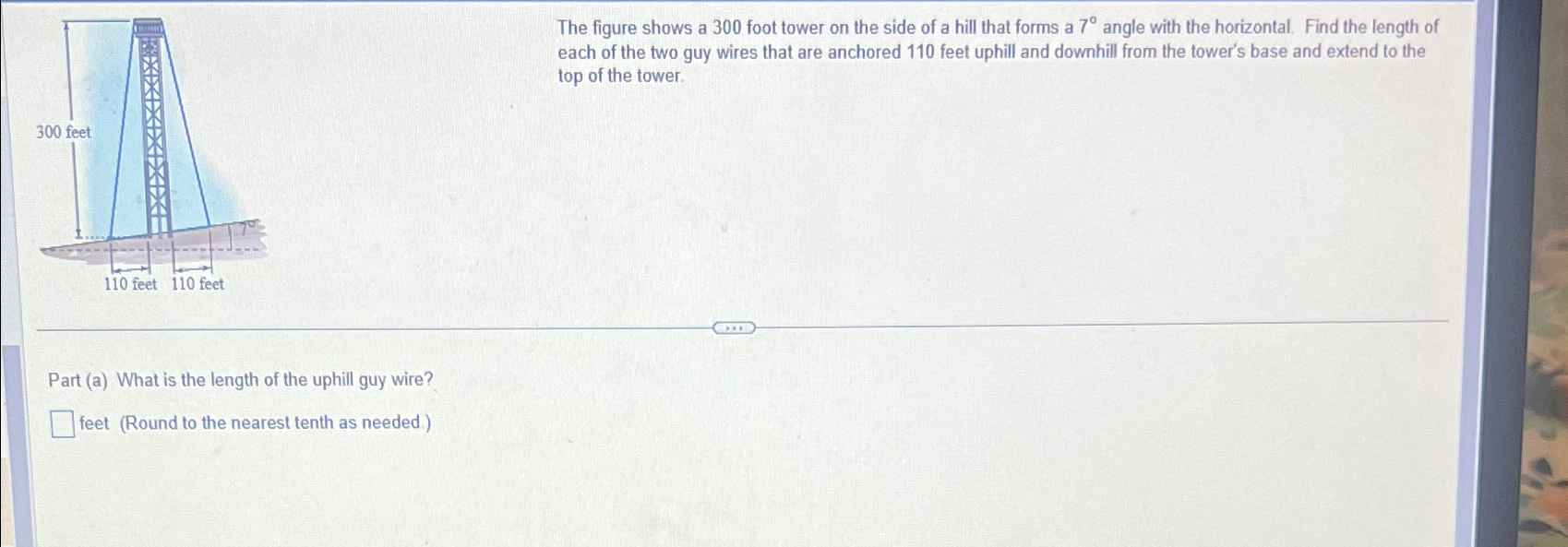 Solved The figure shows a 300 ﻿foot tower on the side of a | Chegg.com