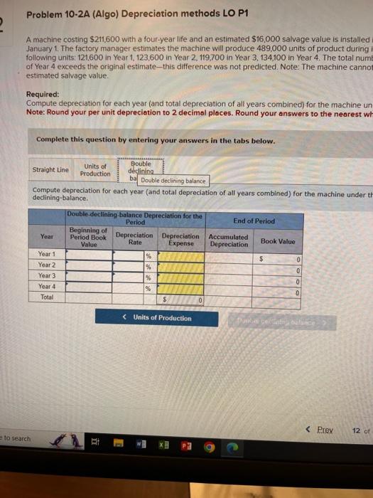 Solved Problem 10-2A (Algo) Depreciation methods LO P1 A | Chegg.com