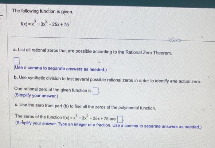 Solved The following function is given. f(x)=x3−3x2−25x+75 | Chegg.com