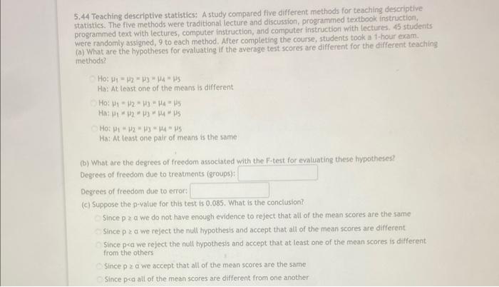 Solved 5.44 Teaching descriptive statistics: A study | Chegg.com