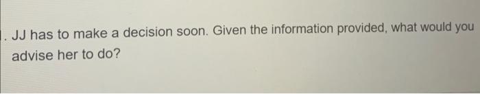 Solved JJ has to make a decision soon. Given the information | Chegg.com