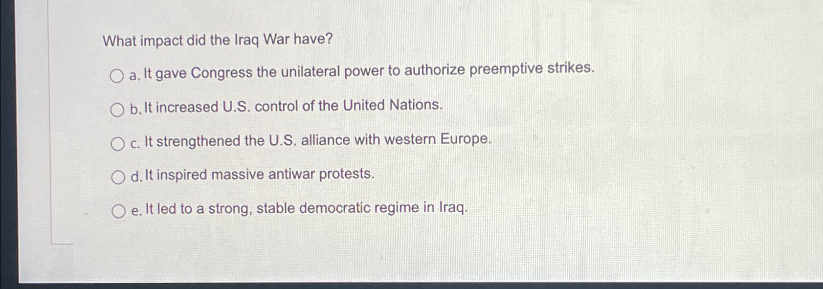 Solved What impact did the Iraq War have?a. ﻿It gave | Chegg.com
