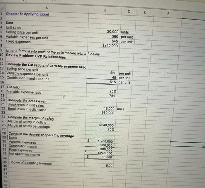 Solved D E A B с 1 Chapter 5: Applying Excel 2 3 Data 4 Unit | Chegg.com