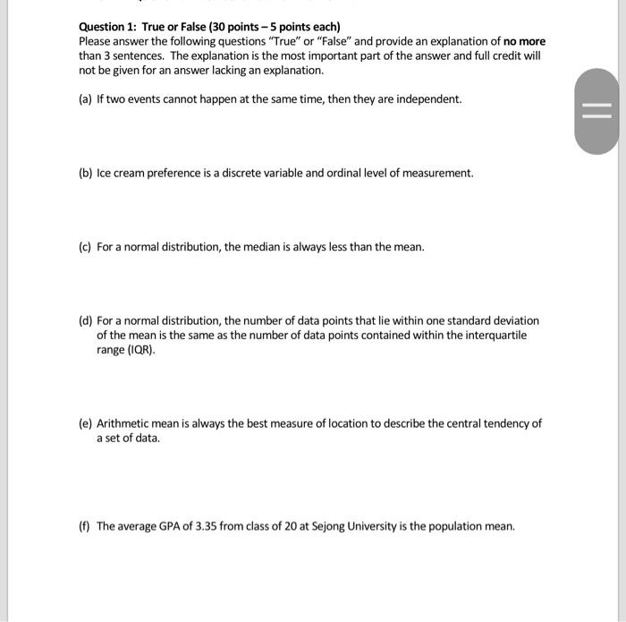 Solved Question 1: True or False (30 points-5 points each) | Chegg.com