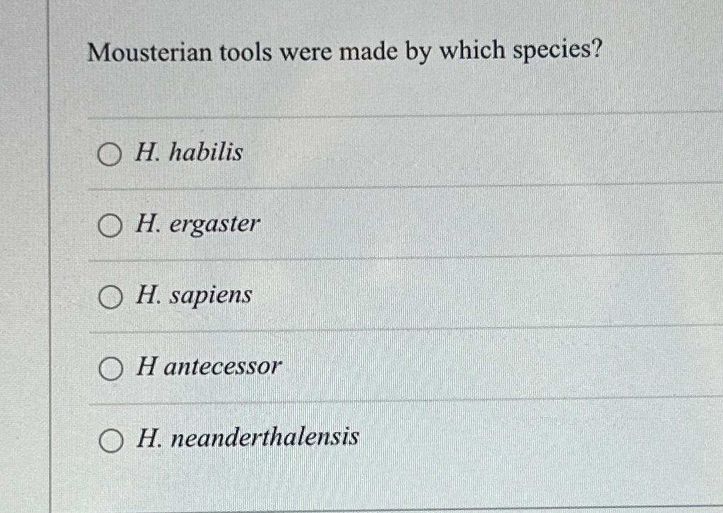 Solved Mousterian tools were made by which species?H. | Chegg.com