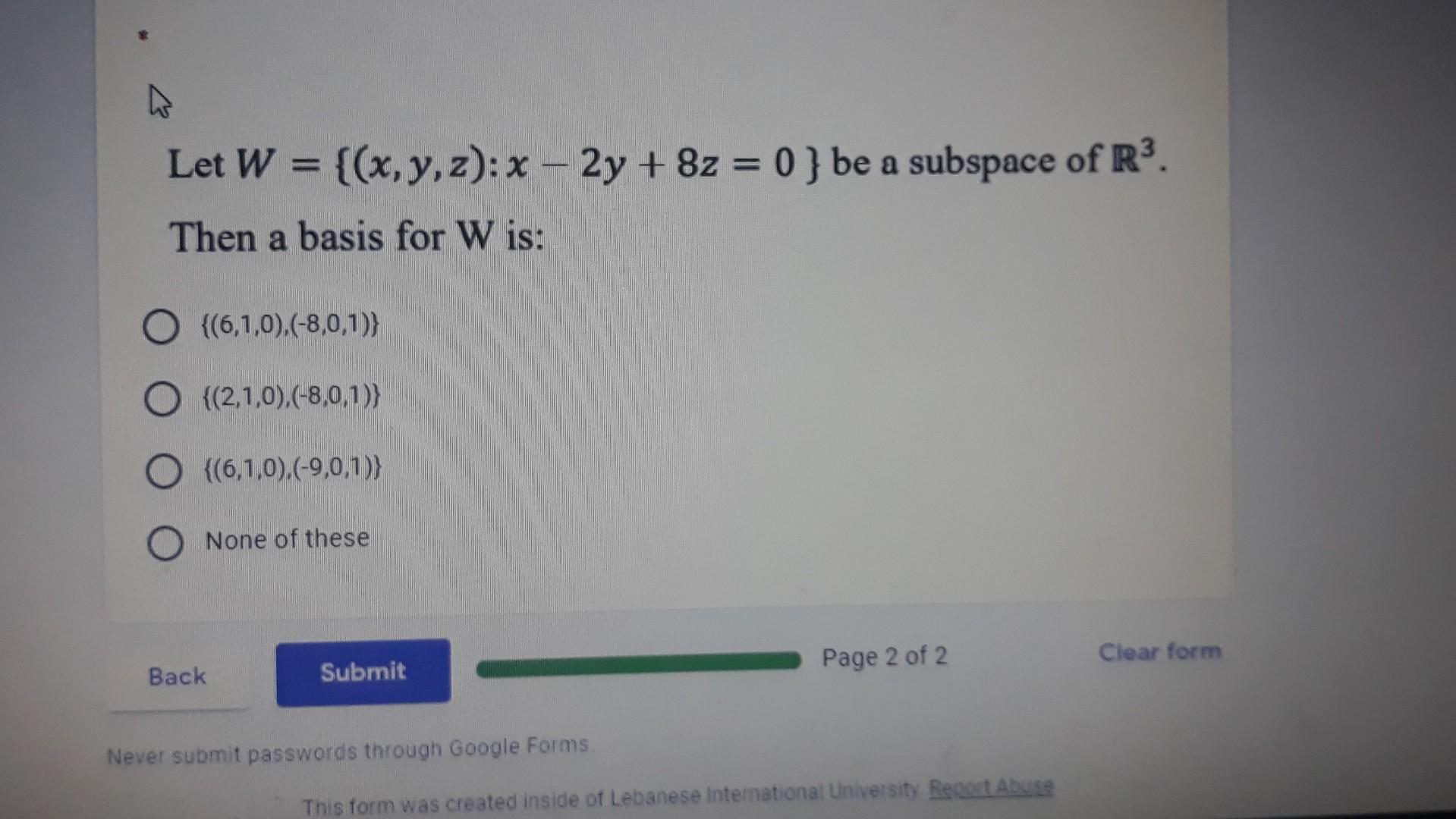 Solved formResponse The set M={XER:x=0) is a vector space | Chegg.com