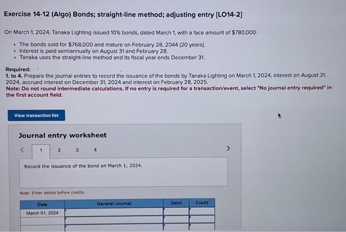 Solved Exercise 14-12 (Algo) Bonds; straight-line method; | Chegg.com