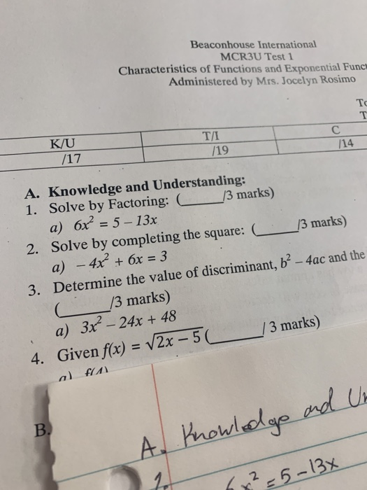 Solved Beaconhouse International MCR3U Test 1 | Chegg.com