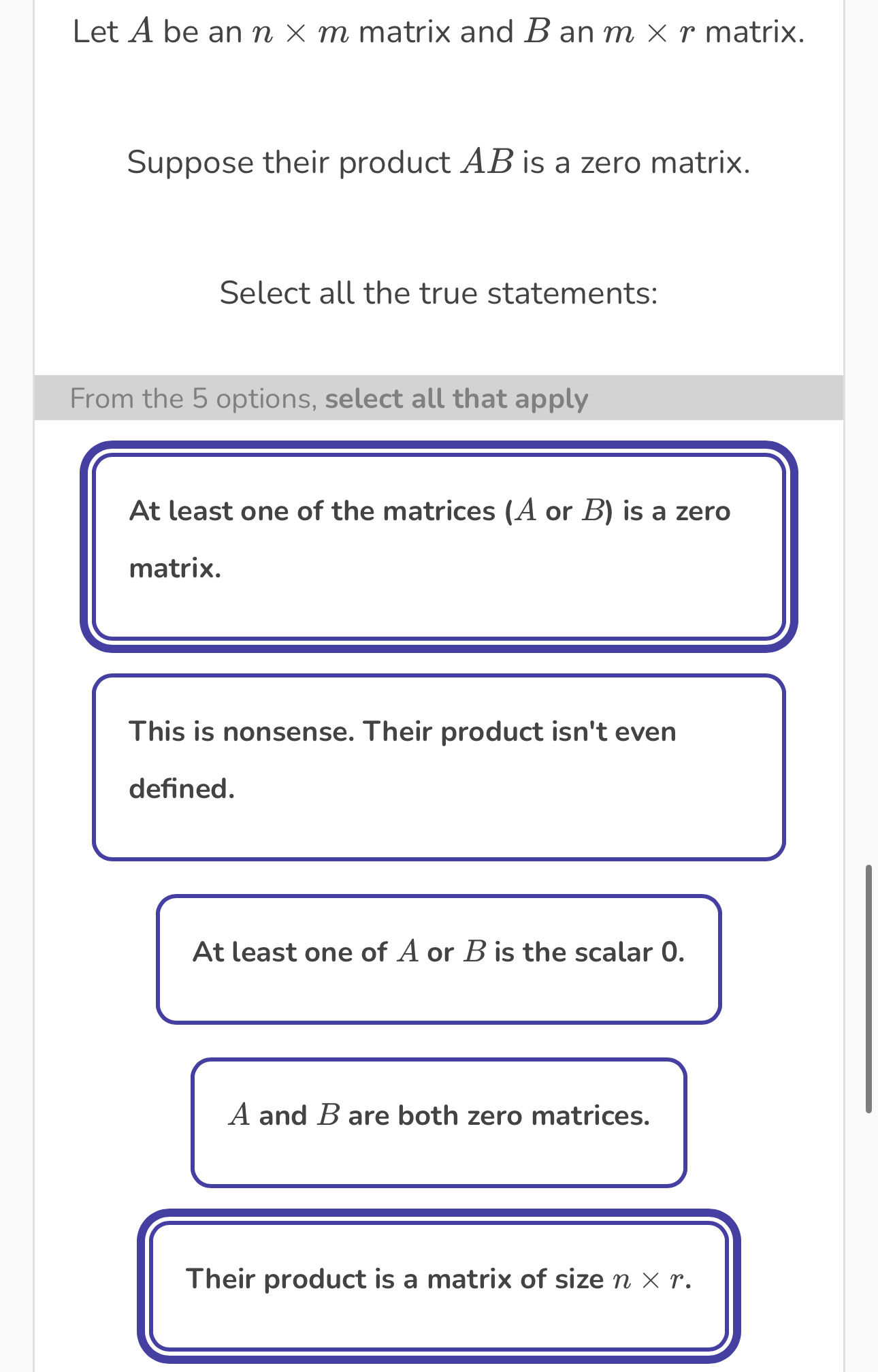 Solved Let A ﻿be an n×m ﻿matrix and B ﻿an m×r | Chegg.com