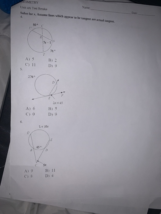 Solved GEOMETRY Name: Unit 4A Test Retake Solve for x. | Chegg.com