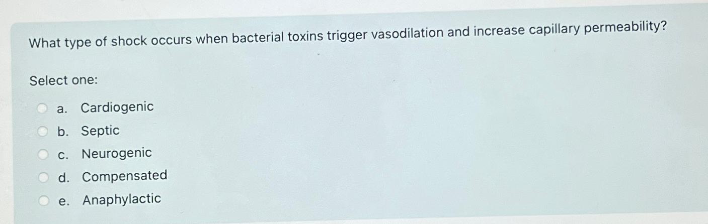 Solved What type of shock occurs when bacterial toxins | Chegg.com