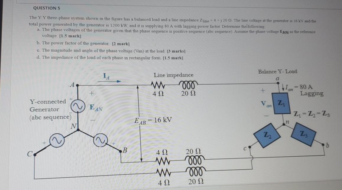 Solved QUESTION 5 The Y-Y three-phase system shown in the | Chegg.com
