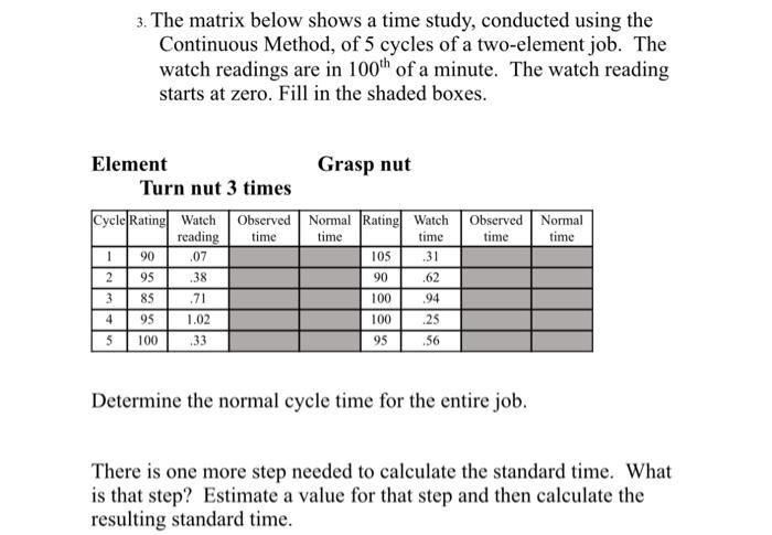 Solved 3. The matrix below shows a time study, conducted | Chegg.com