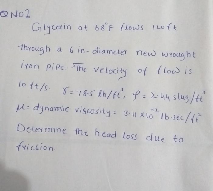 Solved Q Nol Glycerin at 68°F flows 120 ft 3 through a 6 | Chegg.com