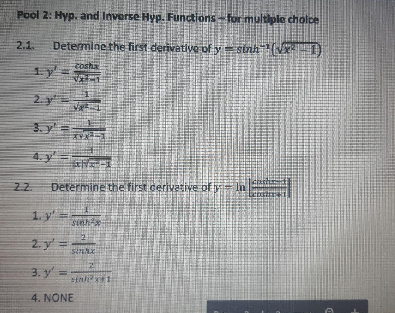 Solved Pool 2: Hyp. and Inverse Hyp. Functions - for | Chegg.com