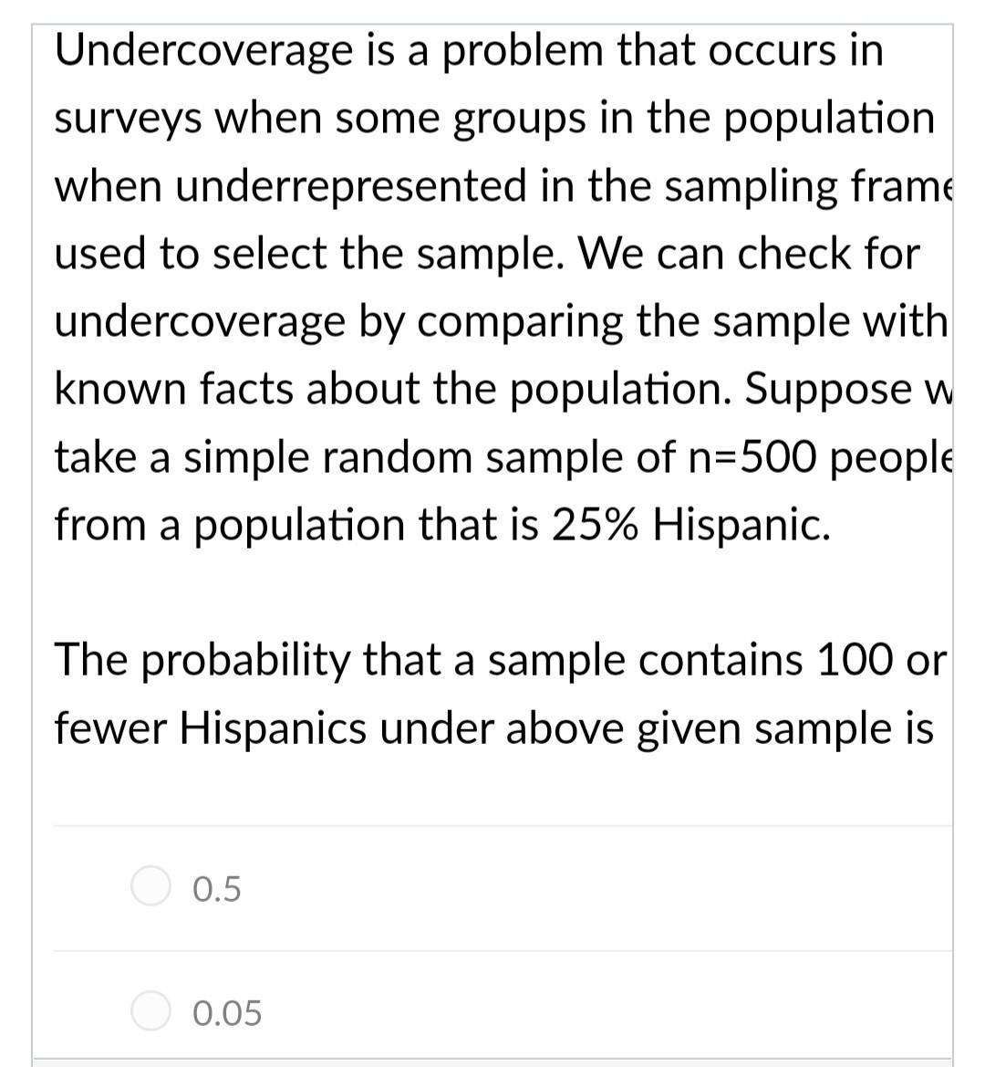 Solved Undercoverage is a problem that occurs in surveys | Chegg.com
